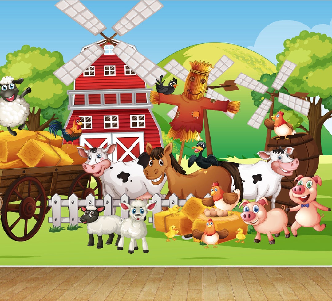 Kids Farm Animals Tractor Wallpaper Mural for Bedroom Playroom Games ...