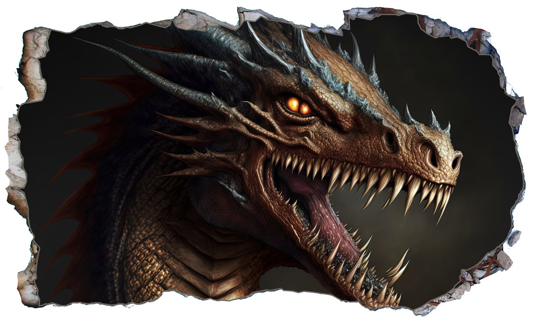 Fantasy Fire Dragon Modern Wall Smash Crack Self Adhesive Sticker Decal ...