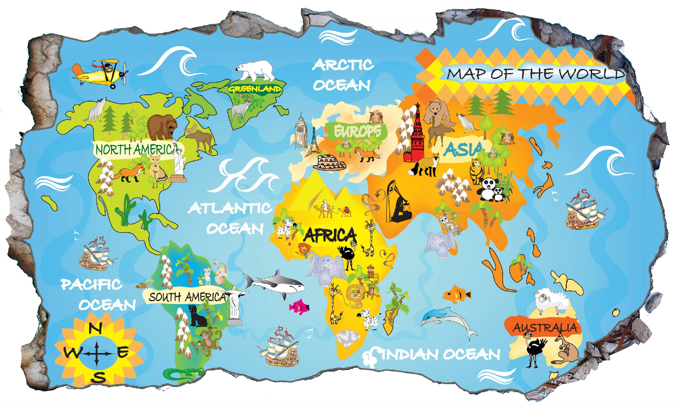 Mapa del mundo animado para niños Países Wall Smash Crack - Etsy México