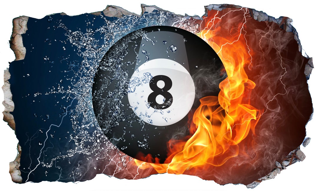 Pool Billiards 8 Ball Fire Water Wall Smash Crack Self Adhesive Sticker ...