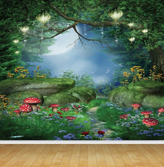 Enchanted Magical Forest Toadstools Lights Wallpaper Mural - Etsy