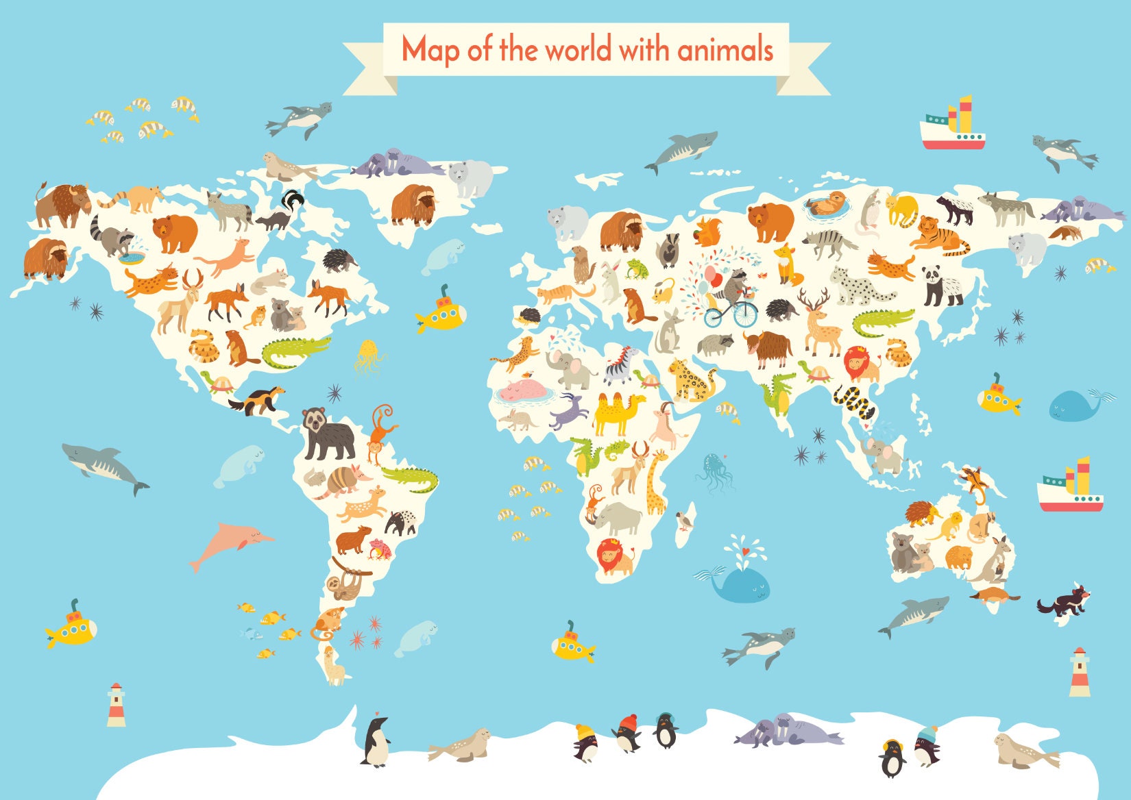 Various Sizes Poster Educational Learning Resource World Map Animals ...