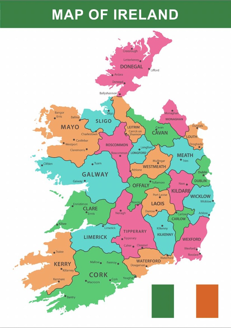 Detailed Map Ireland ROI Irish Map Geography Learning Educational Wall ...