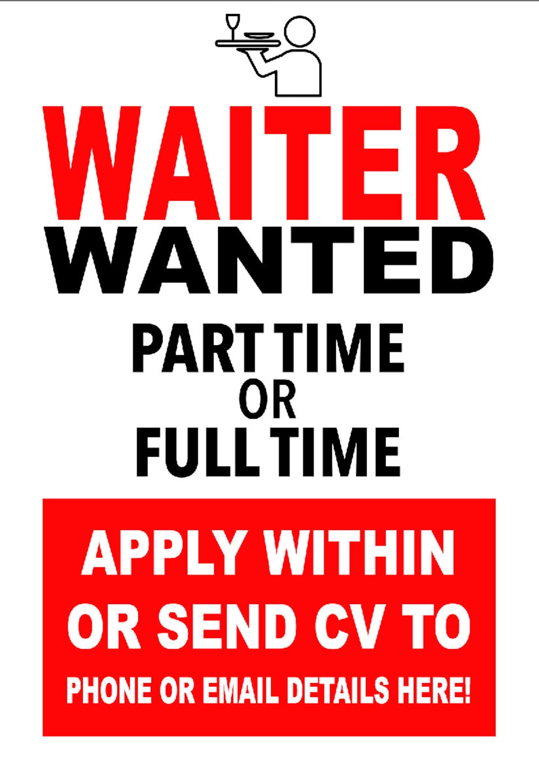 Laminated Waiter Waiters Required Wanted Job Vacancy Advert Advertising ...