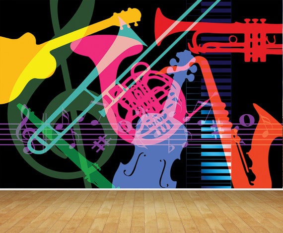 Music Notes Instruments Colourful Wallpaper Mural Feature Wall | Etsy