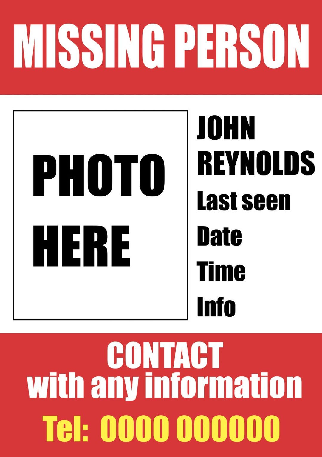 Missing Person Personalised Photo Contact Details Last Seen Info Self ...