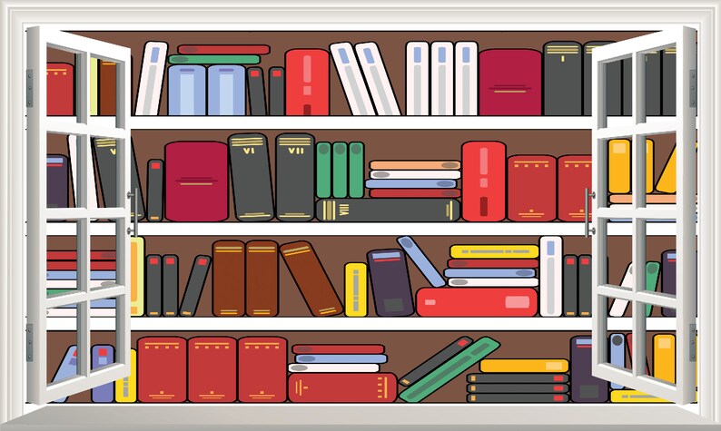 Mock Fake Animated Books Bookcase Magic Window Design Self Adhesive ...