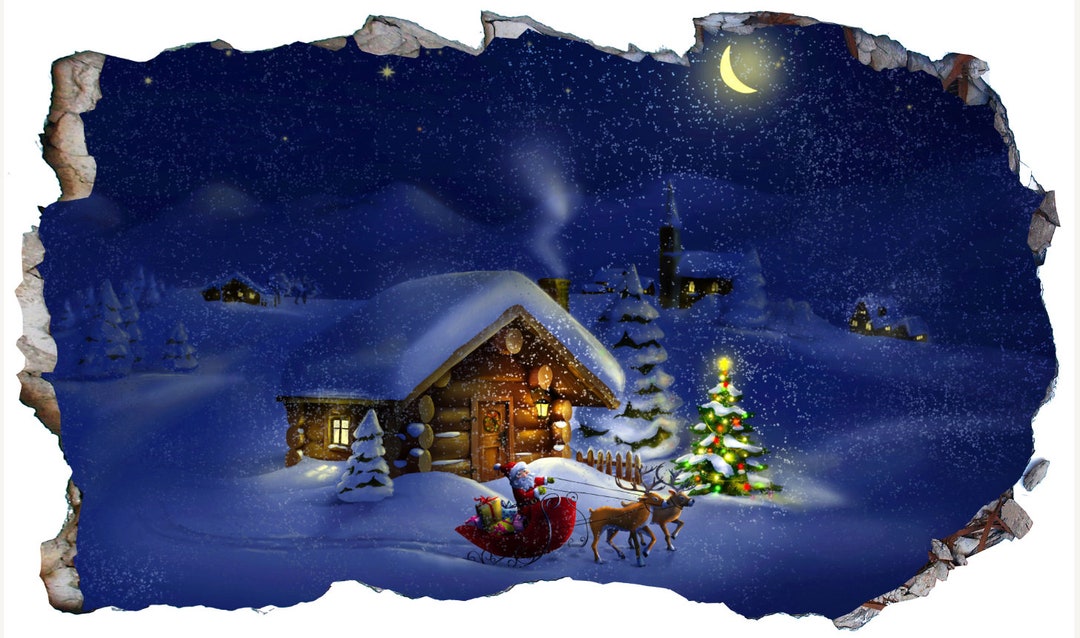 Large Christmas Scene Santa Santa Claus Reindeer Snow Tree Wall Smash ...