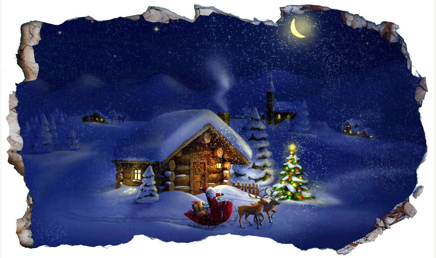 Large Christmas Scene Santa Santa Claus Reindeer Snow Tree - Etsy