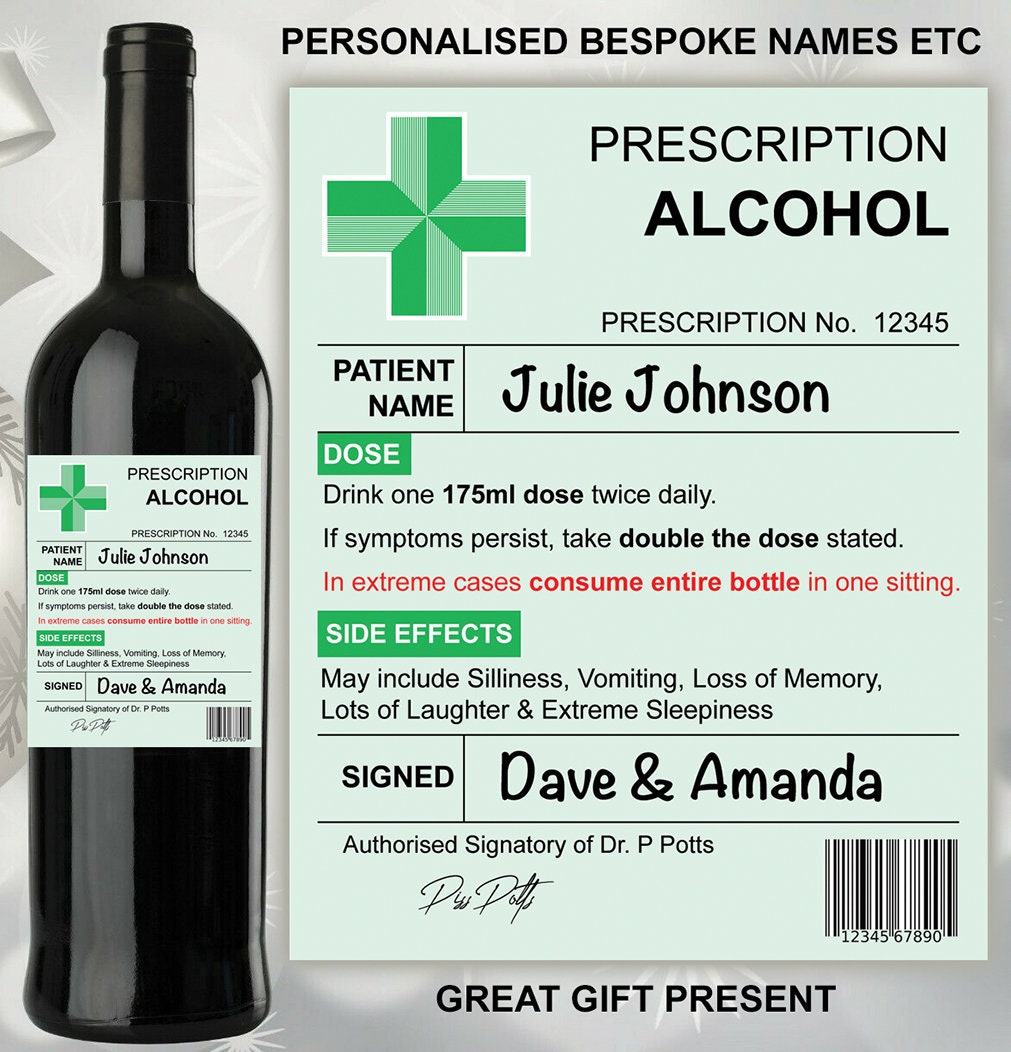 Bespoke Custom Names Text Personalised Prescription Wine Bottle Alcohol ...
