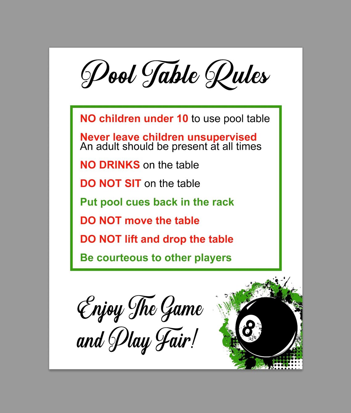 Pool Table Rules Billiards Rules Pub Club Etiquette Sign Notice Sticker ...