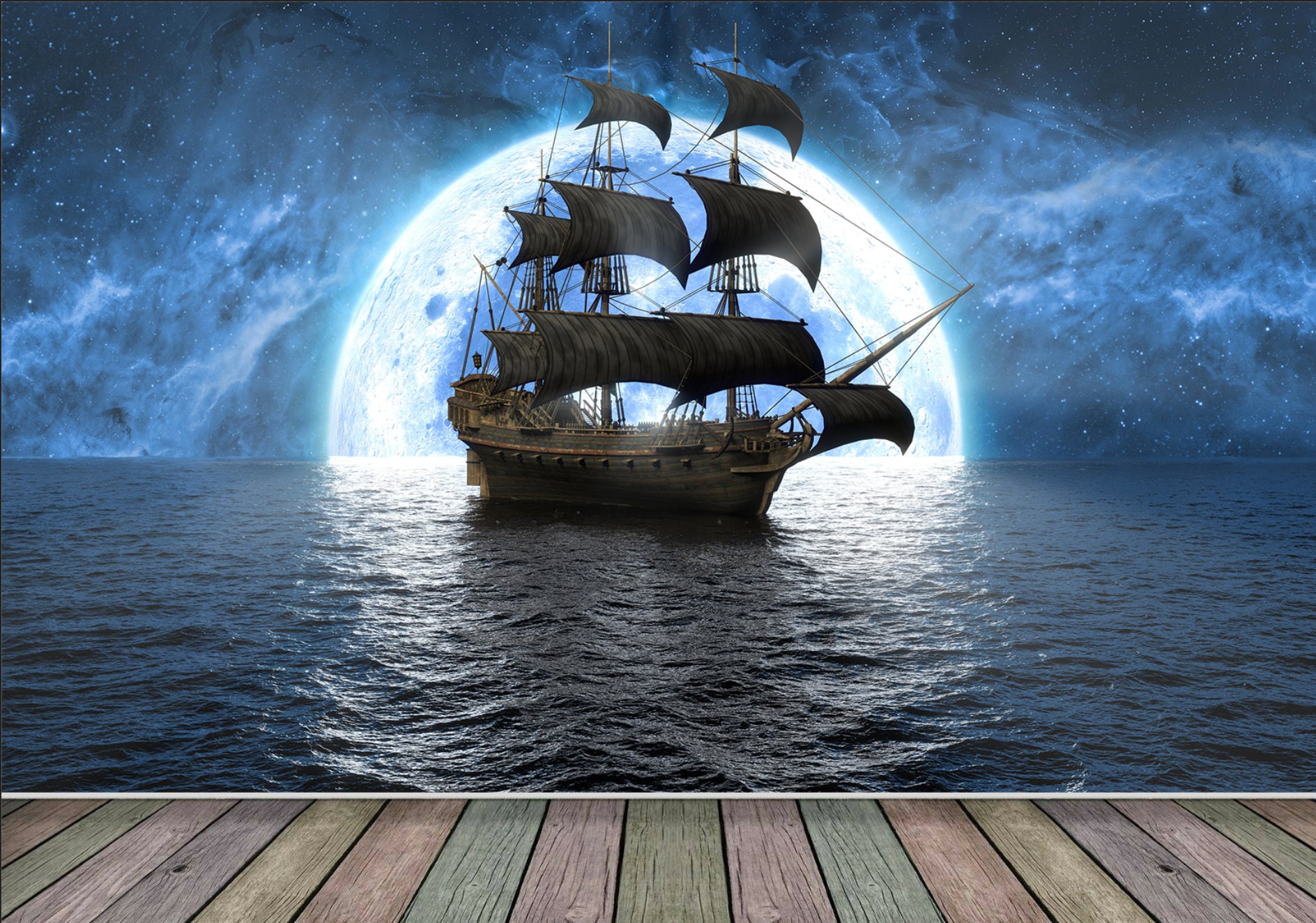 Pirate Pirates Ship Night Wallpaper Mural Bedroom Playroom Games Room ...