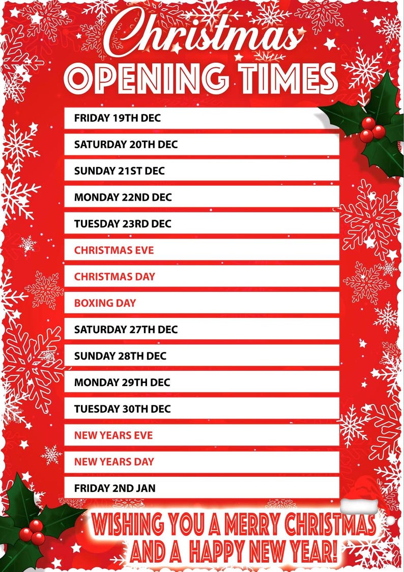 Poster Christmas New Year Opening Closing Times Hours Sign Notice ...