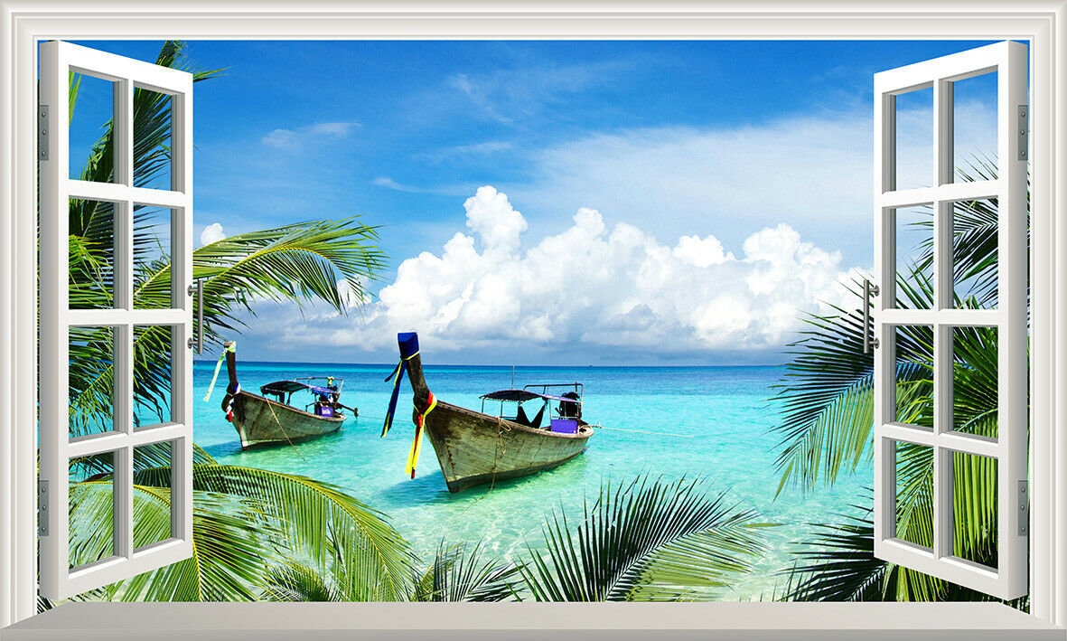 Tropical Island Sea Beach Paradise Magic Window Wall Art Self Adhesive ...