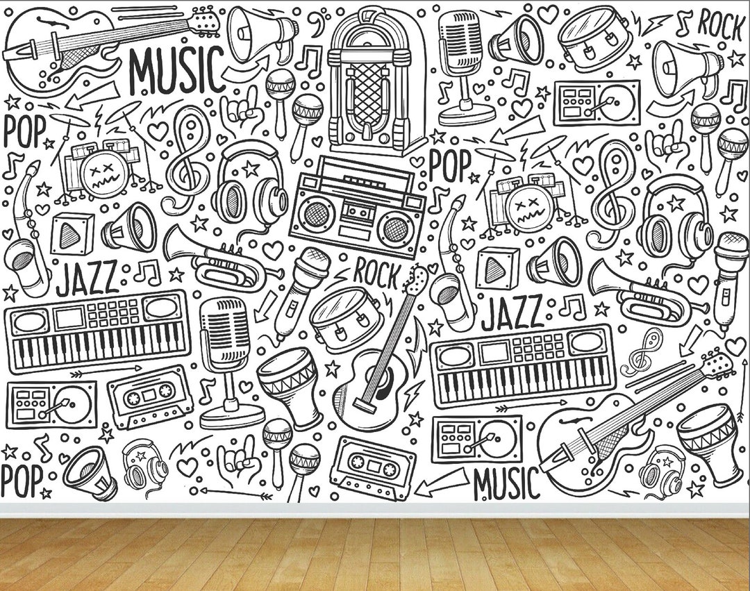 Modern Doodle Music Wallpaper Mural for Bedroom Playroom Music Kids ...