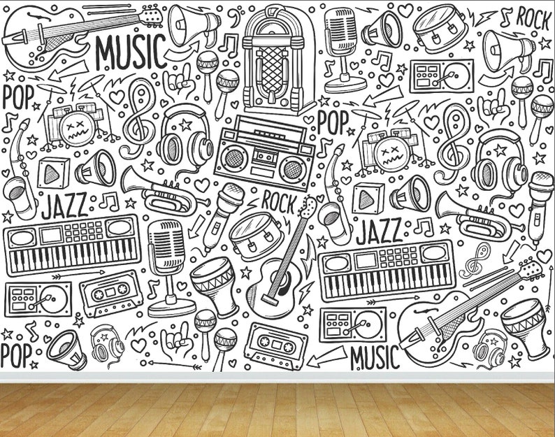Modern Doodle Music Wallpaper Mural for Bedroom Playroom Music Kids ...