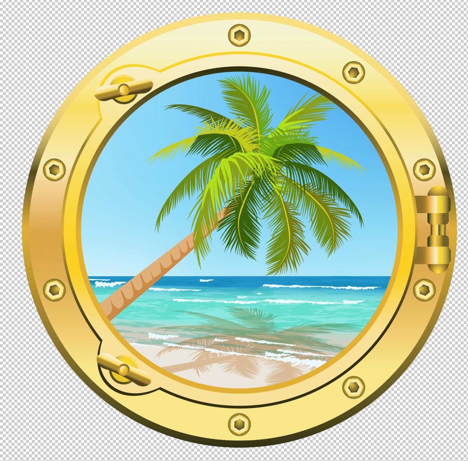 Large Beach Sea Paradise Palm Tree Animated Port Hole Silver Gold ...