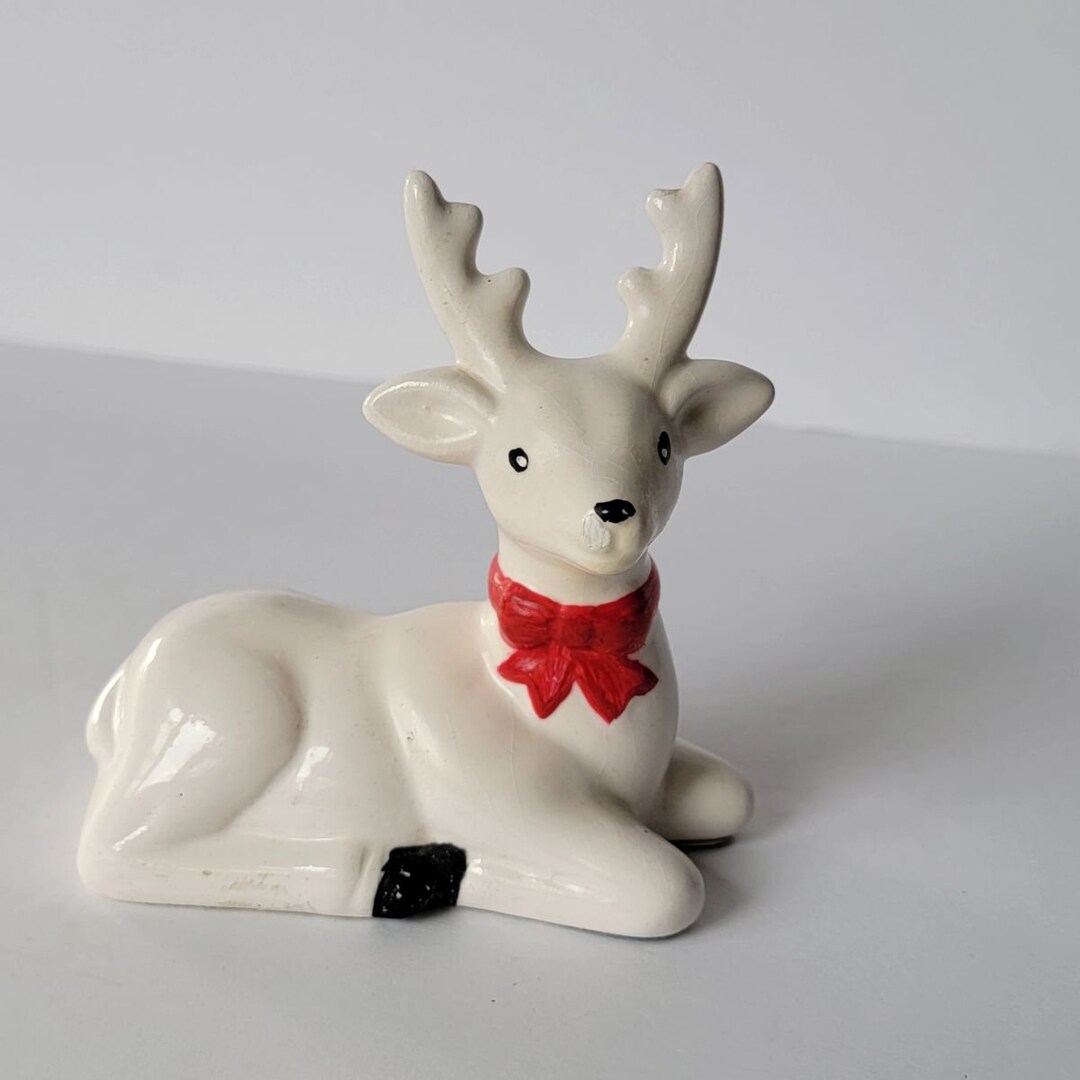 White Ceramic Deer With Red Bow - Etsy