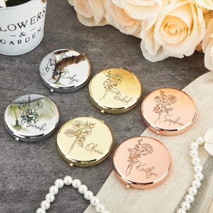 Personalized Compact Mirror With Birth Flower, Custom Name Gift for ...