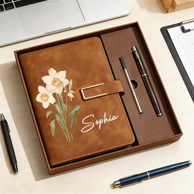 Personalized Birth Flower Notebook & Pen Set, Custom Name Leather ...