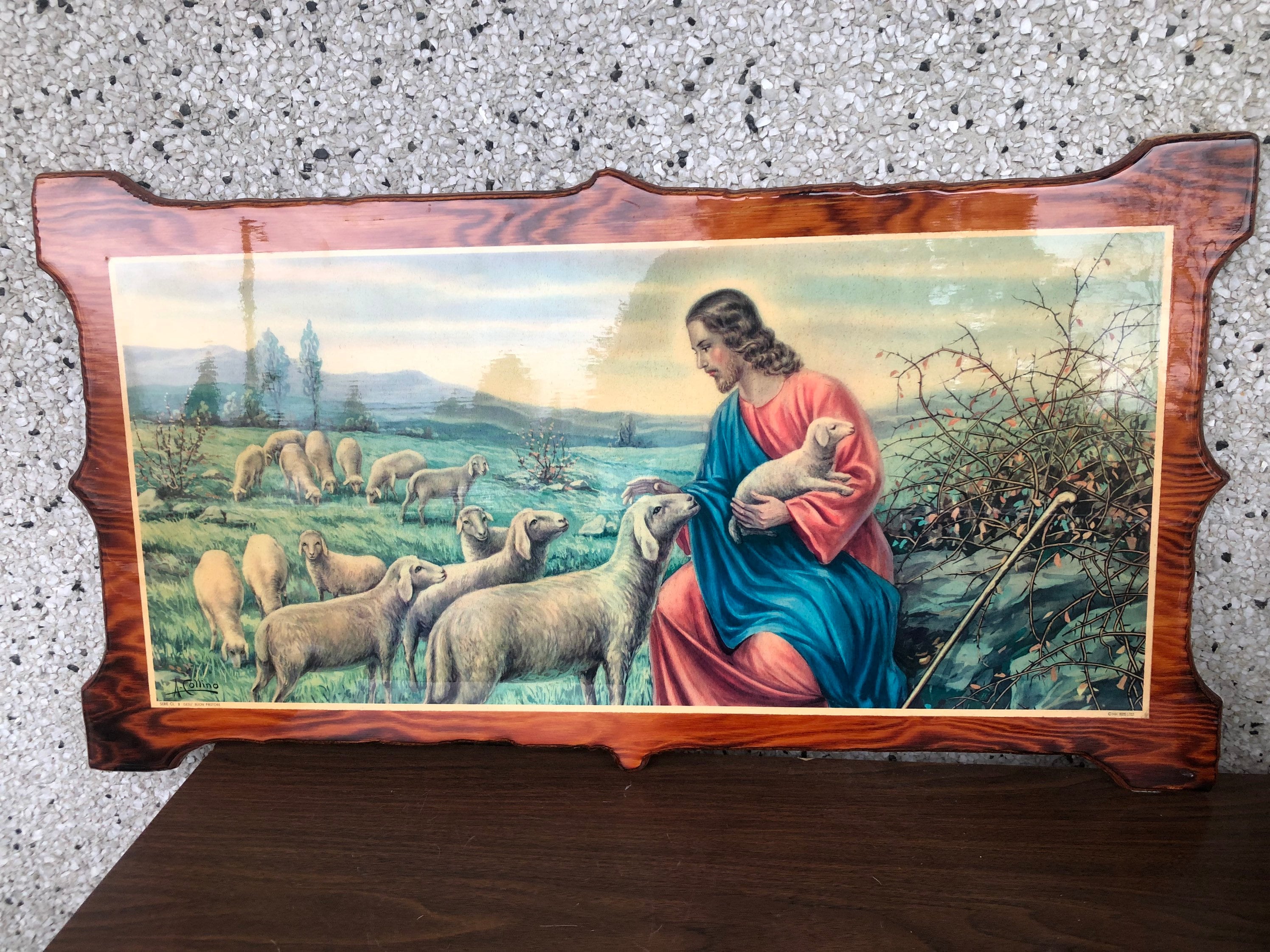 Vintage Large Italian Artist A Collino Jesus With Lambs Lacquered Art ...
