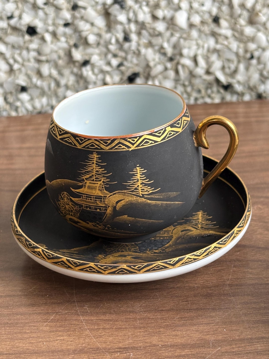 Vintage Black Matte Tea Cup Hand Painted Mountain in Gold Gilt - Etsy