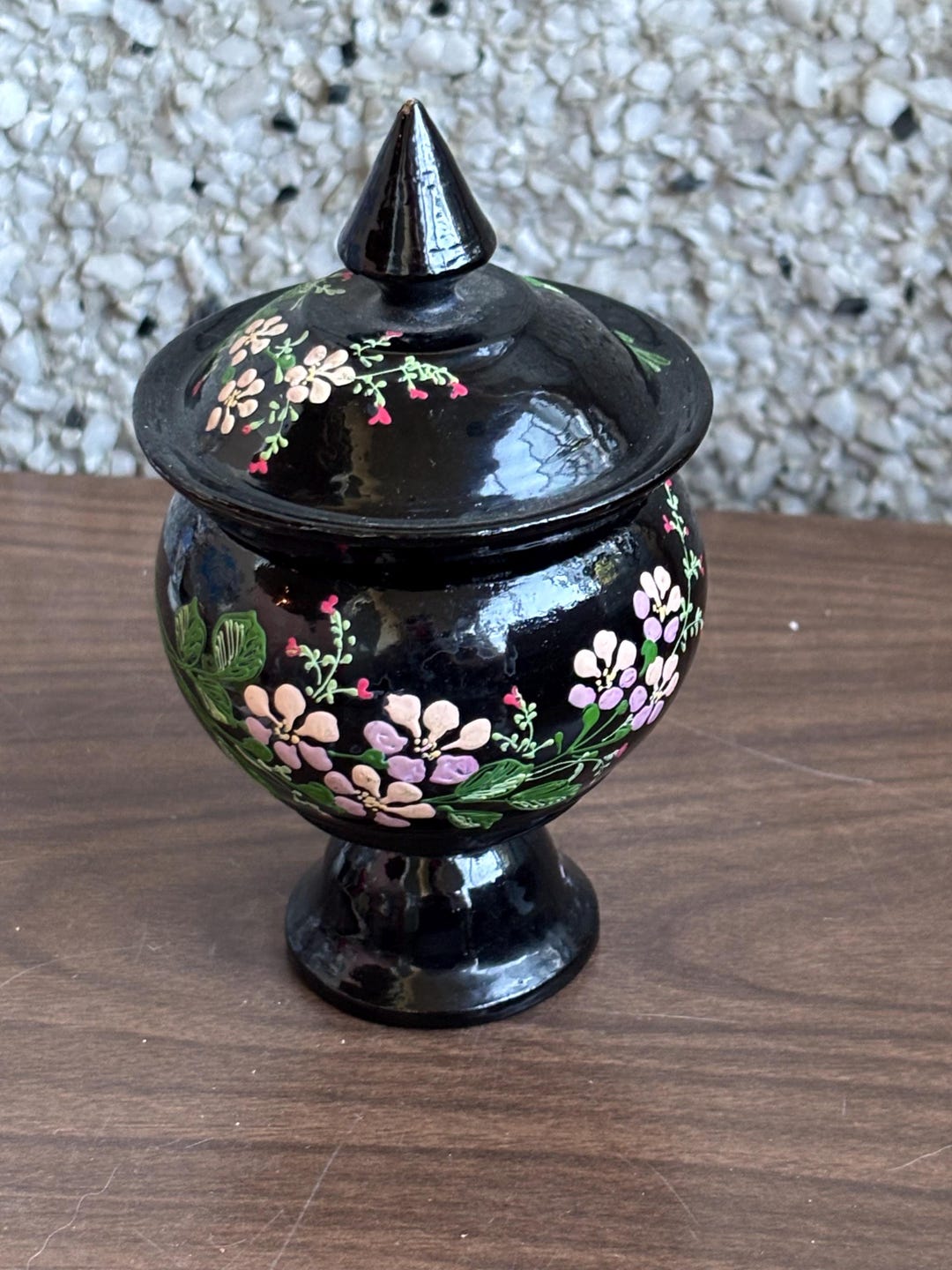 Vintage Black Lacquered Wooden Hand Painted Trinket Jar - Etsy