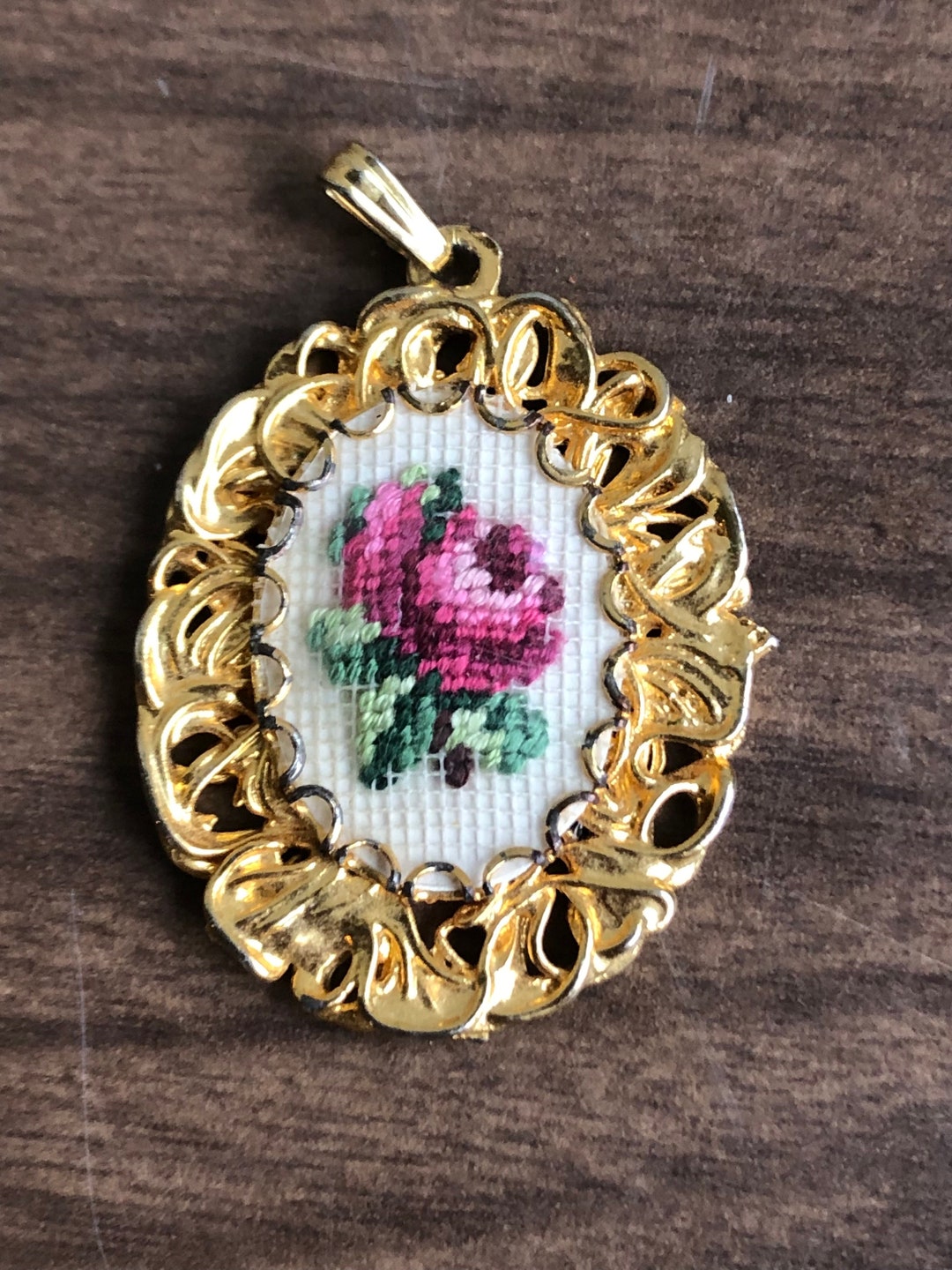 Vintage Gold Color Rose Petit Point Pendant - Etsy