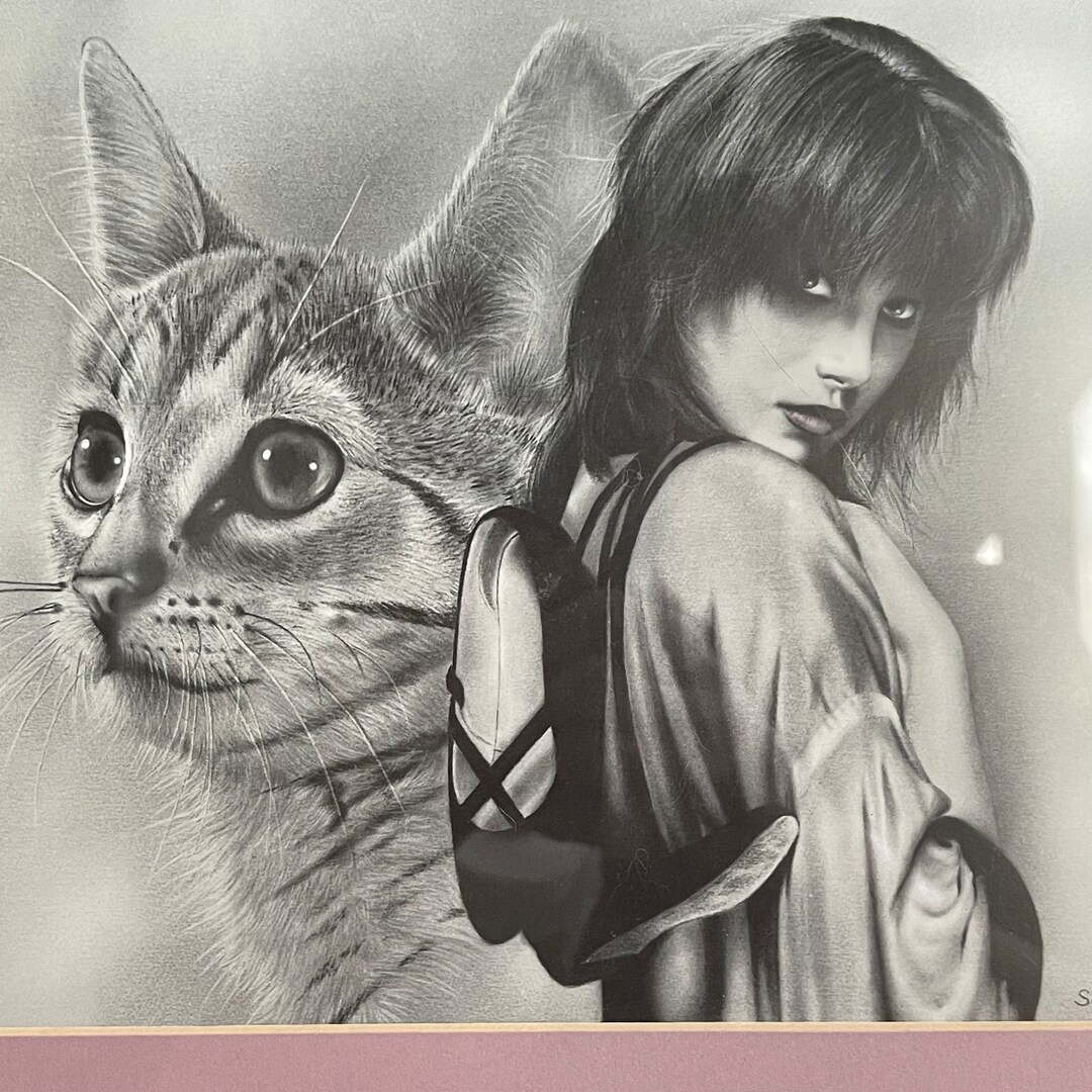 80s Cat and Girl Drawing by Artist Sam Lu - Etsy