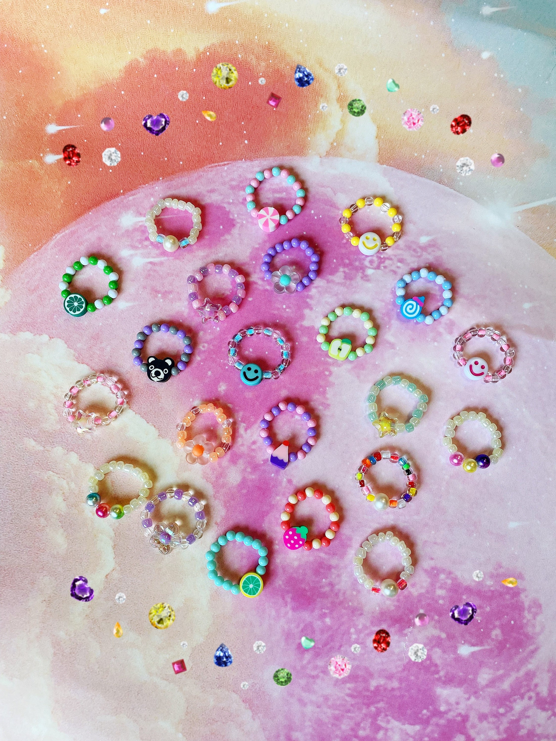 Y2K Fun Beaded Ring Set Cute Rings Stackable Rings Comes With 5 Rings ...