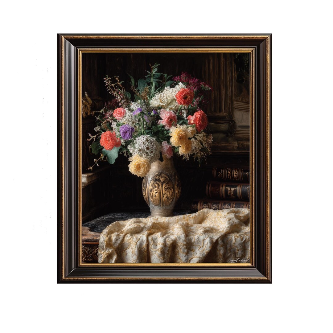 Printable Classical Bouquet Still Life - Vintage Moody Floral Wall Art ...