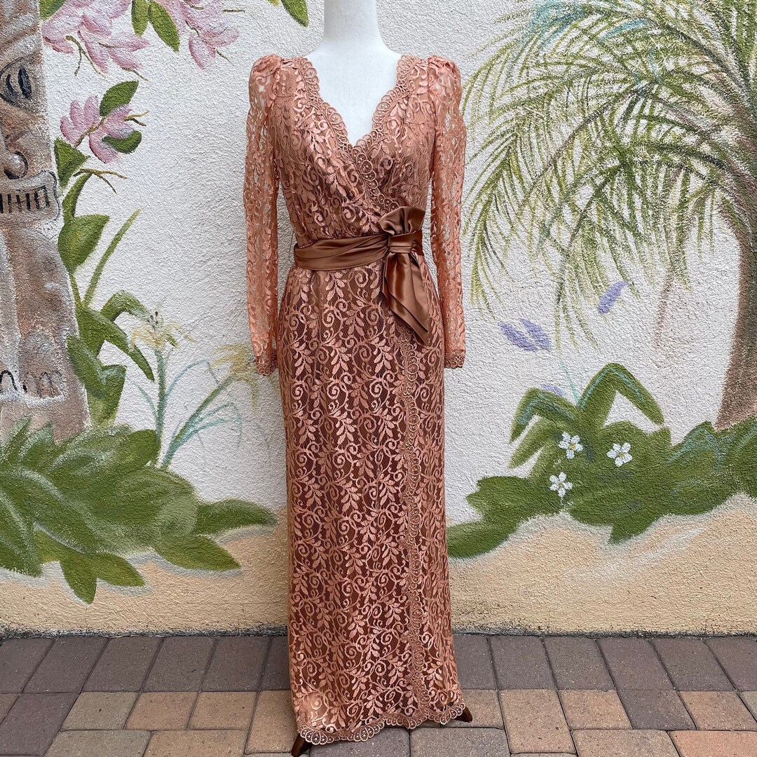 Vintage 50s Lace Long Dress, Rust Colored Formal Gown, Wedding ...