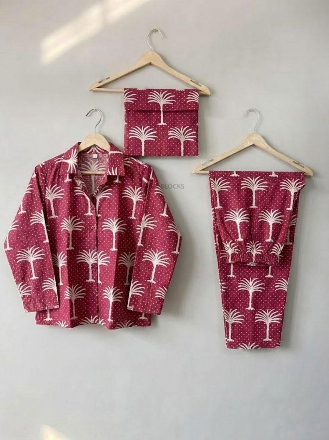 Maroon Cotton Pajama Set Women, Hand Block Print Palm Tree Nightwear ...