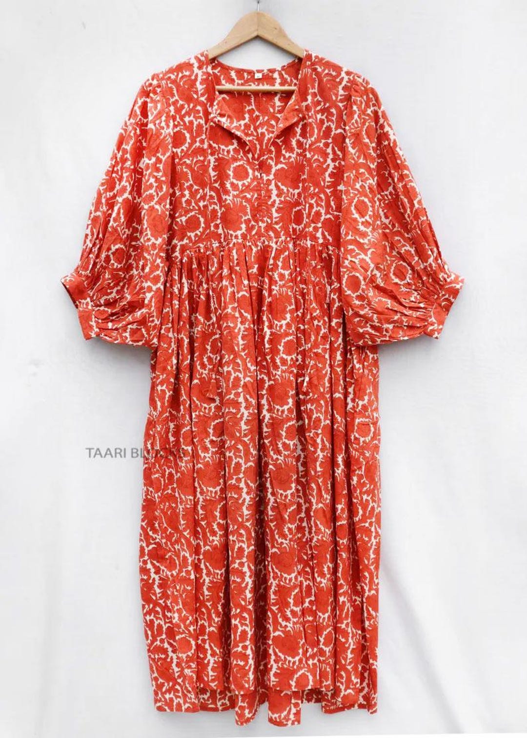 Rust Orange Hand Block Print Dress, Terracotta Floral Midi Dress, Boho ...