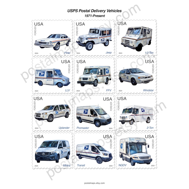 1971-present Select USPS Delivery Vehicles Stamp Artwork (square Print ...