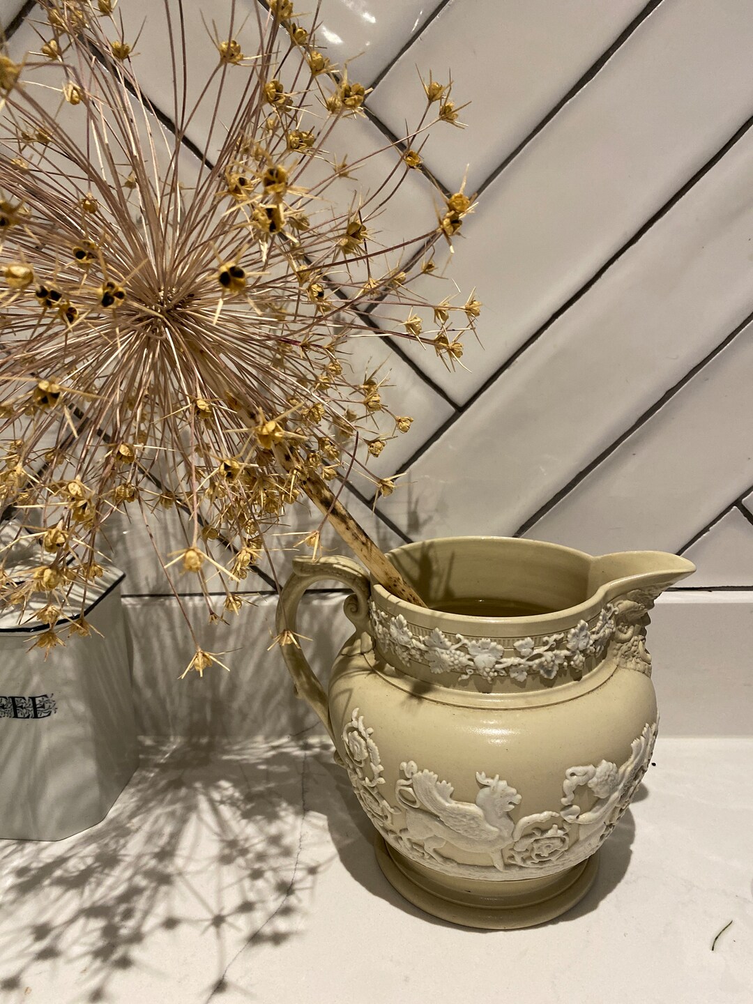 Cauldon Place Works Stunning Drab Ware Jug With Sprigged Griffin and ...