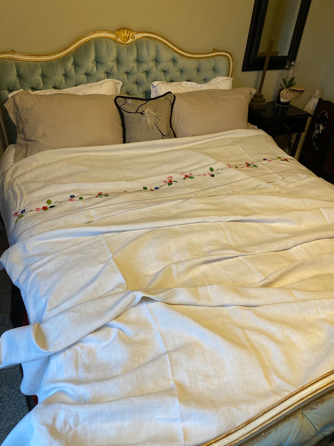 French Linen Dowry Sheet. Beautiful Colourful Embroidery to the Top. - Etsy