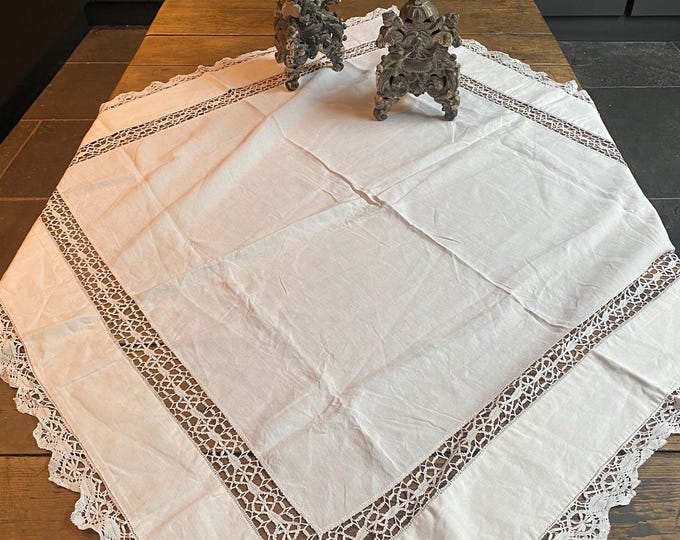 Vintage Linen Tablecloth With Crochet Lace Trim. - Etsy