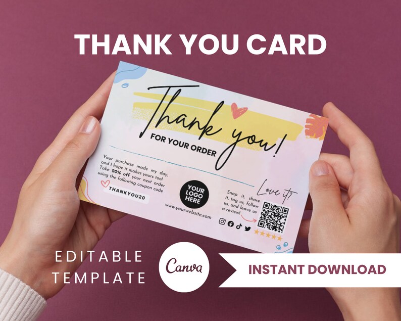 Editable Thank You Card QR Code Canva Template, Follow, Review ...