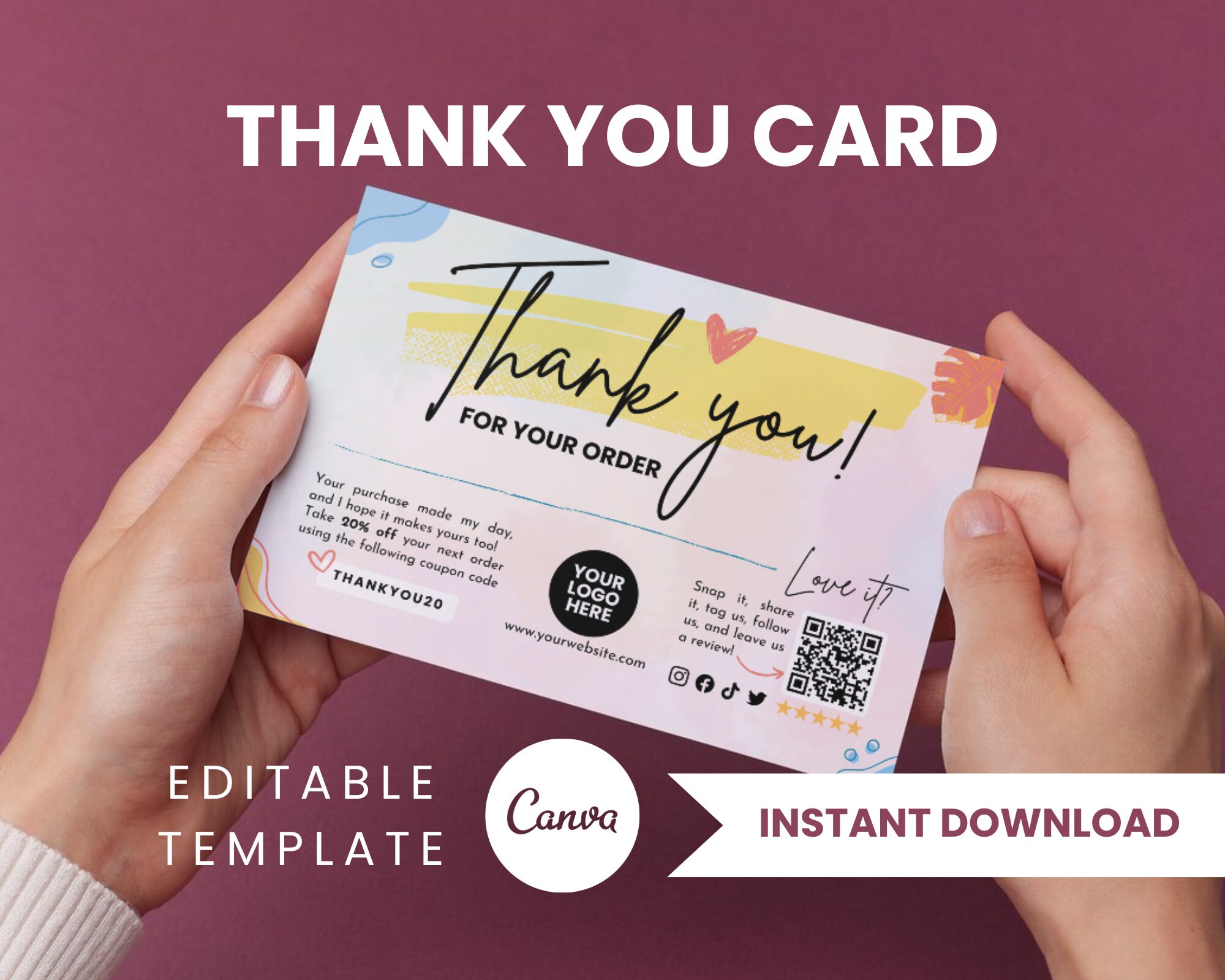Editable Thank You Card QR Code Canva Template, Follow, Review ...