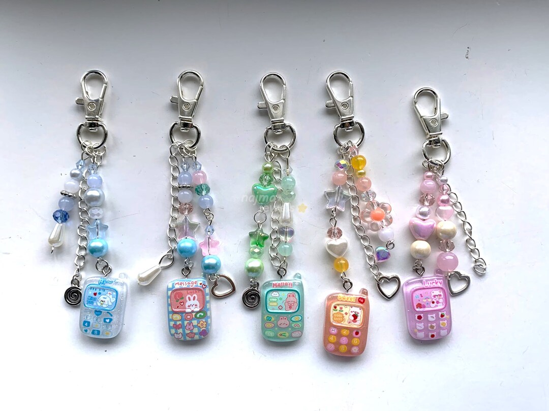Cellphone Kawaii Beaded Keychains | Cute Aesthetic Phone Strap in Pink ...