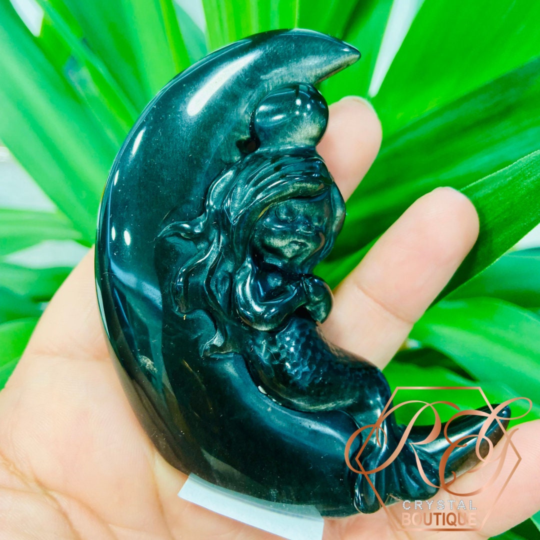 Silver Sheen Obsidian Mermaid on a Moon - Etsy