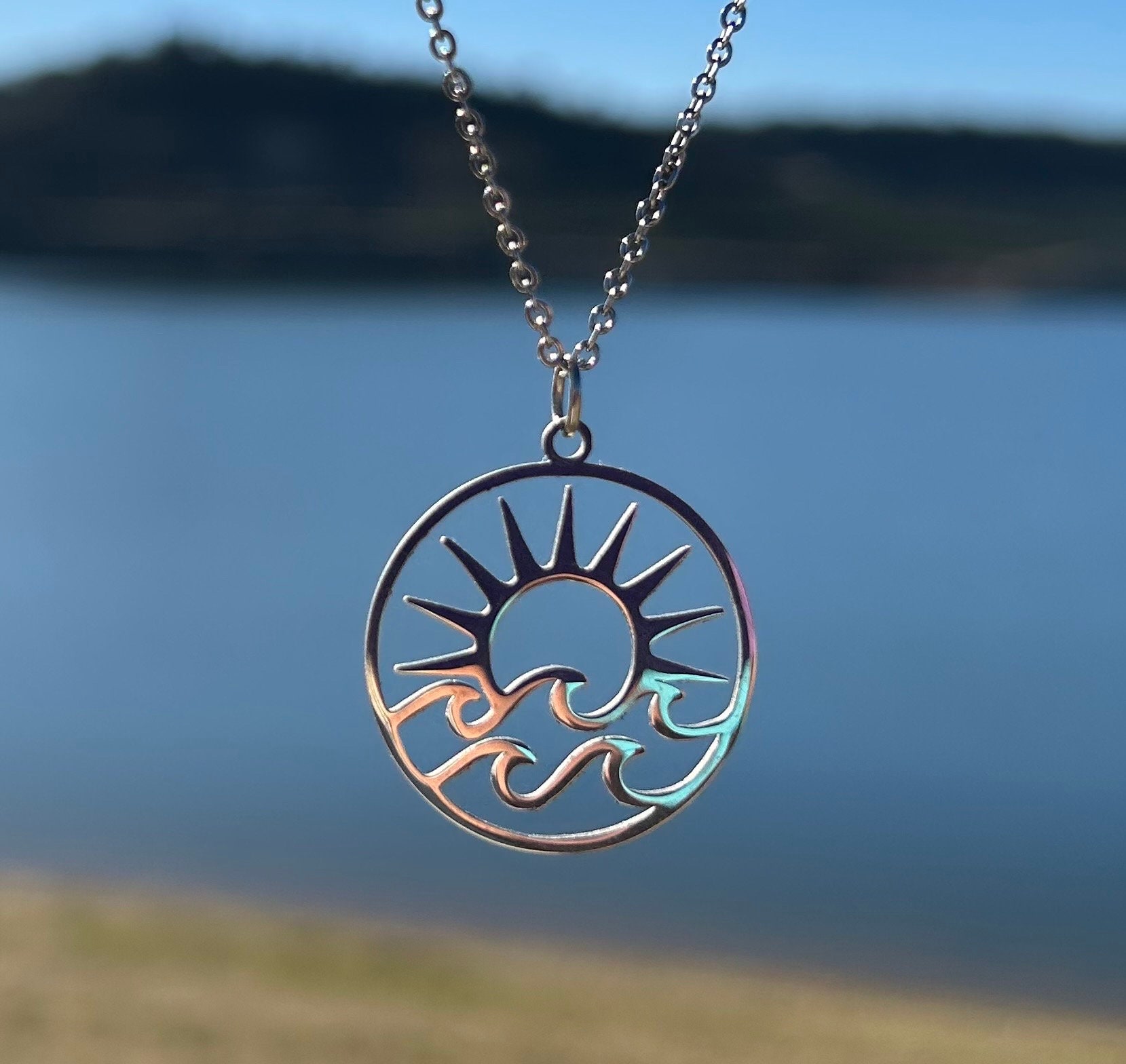 Necklace With Sun and Wave, Wave Necklace, Sun Necklace, Wave Pendant ...