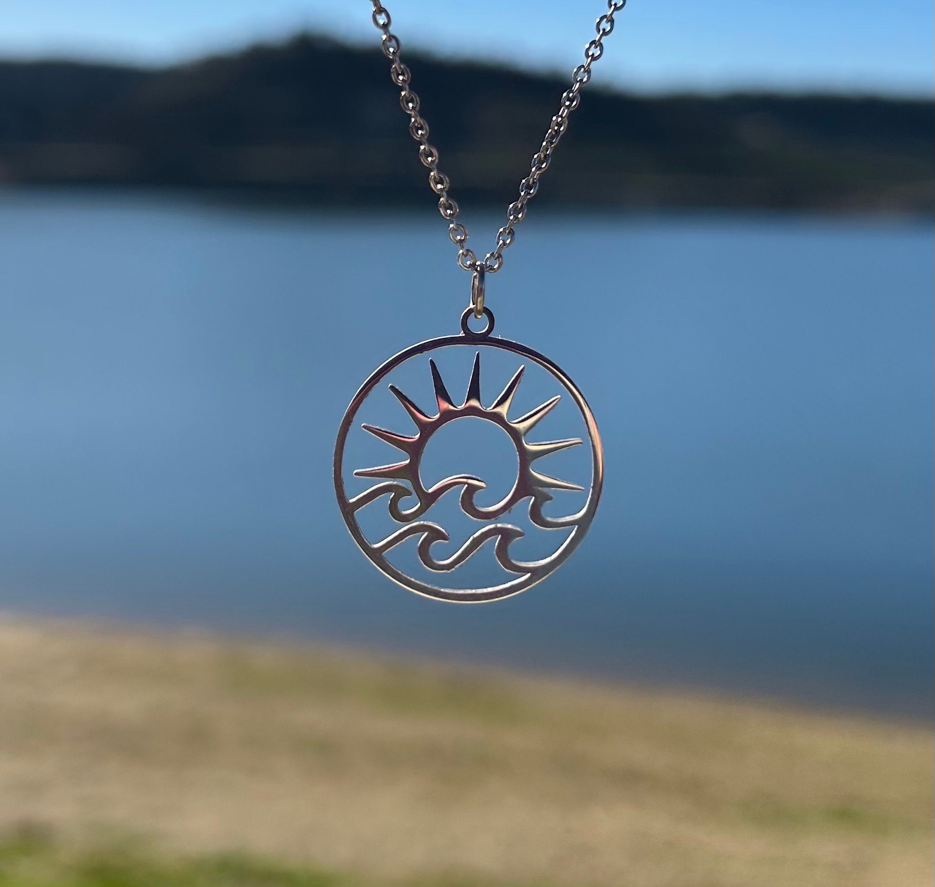Necklace With Sun and Wave, Wave Necklace, Sun Necklace, Wave Pendant ...