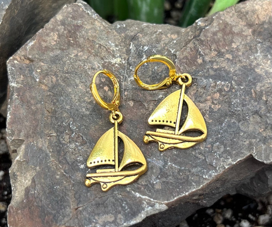 Earring SAILBOAT Hoop Earrings With Ship Charm Ship Earrings, Sailboat Earrings Nautical Jewelry ...