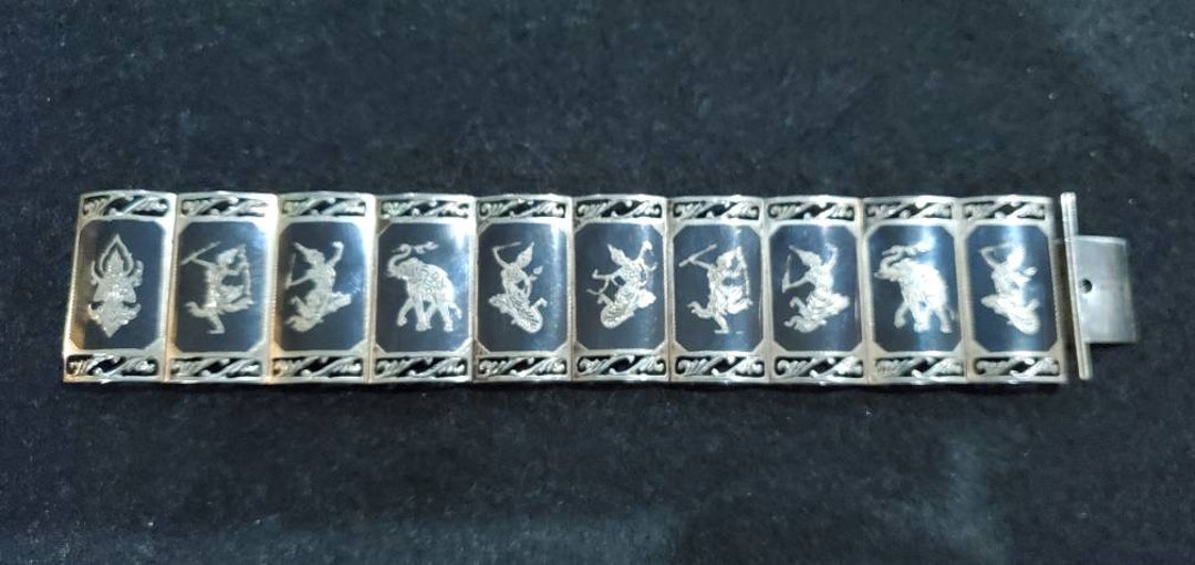 Vintage Siam Thailand Sterling Silver Ladies Bracelet With Black Enamel ...