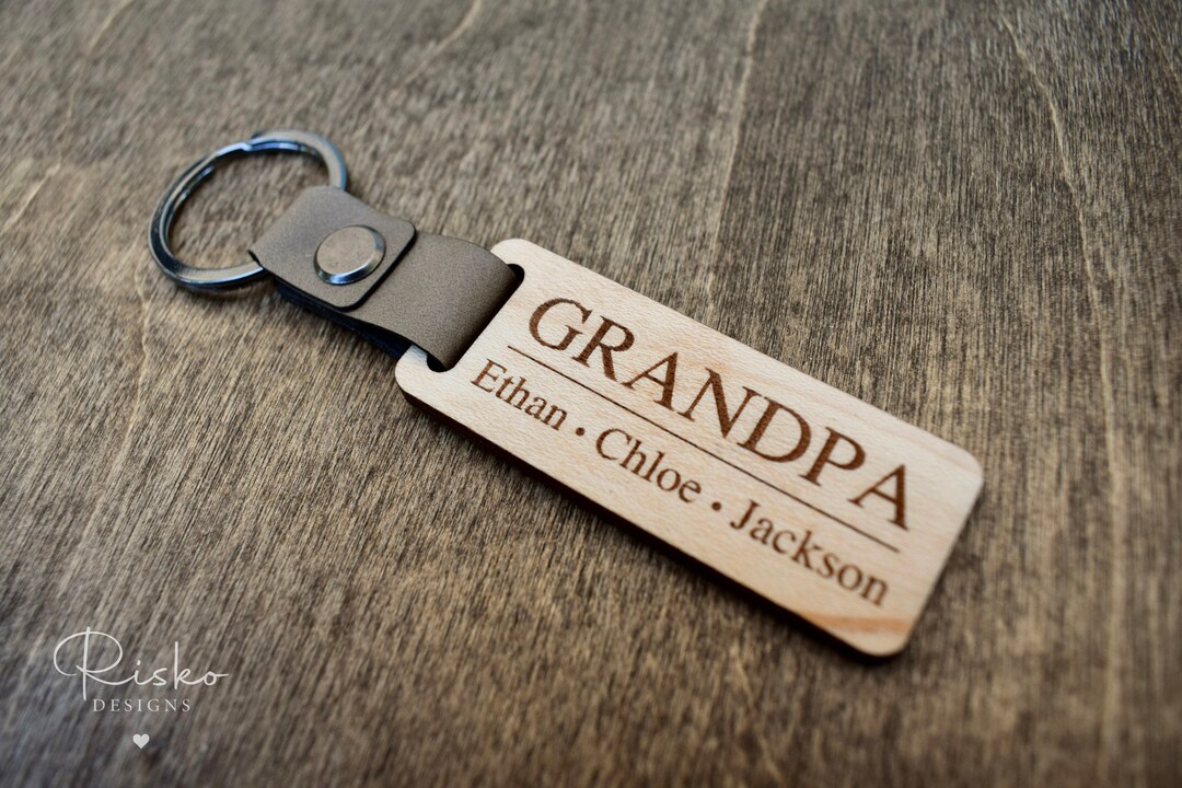 Grandpa Keychain, Faux Leather Keychain for Men, Engraved Wood Keychain ...