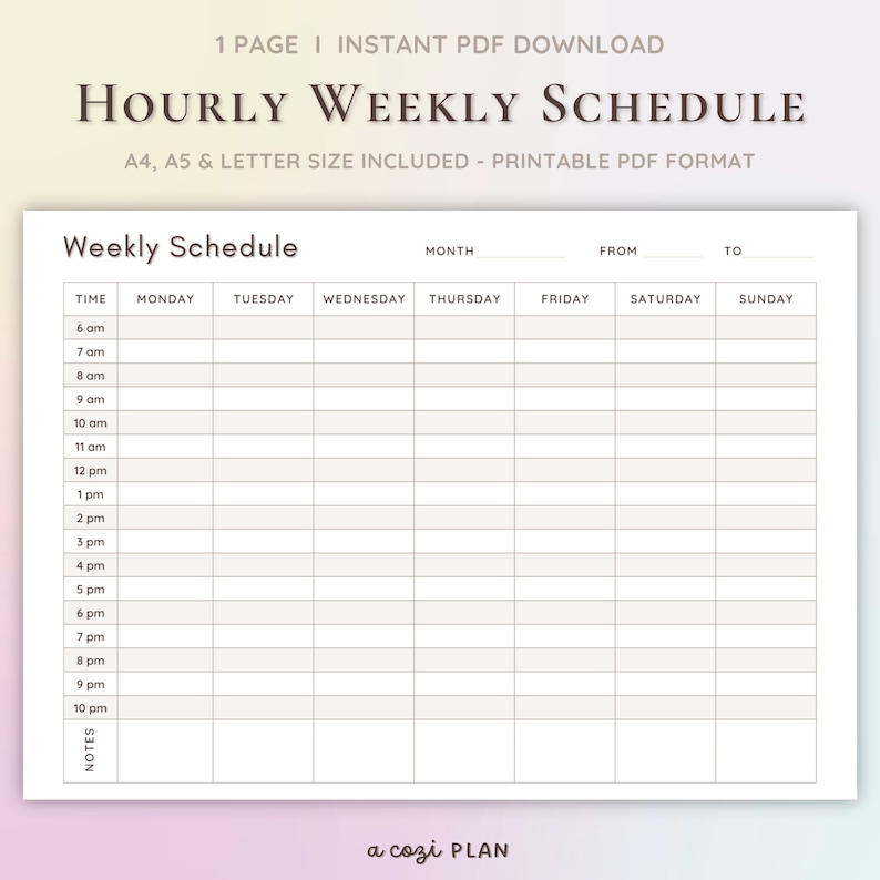 Hourly Weekly Schedule Printable Digital Planner Template for - Etsy