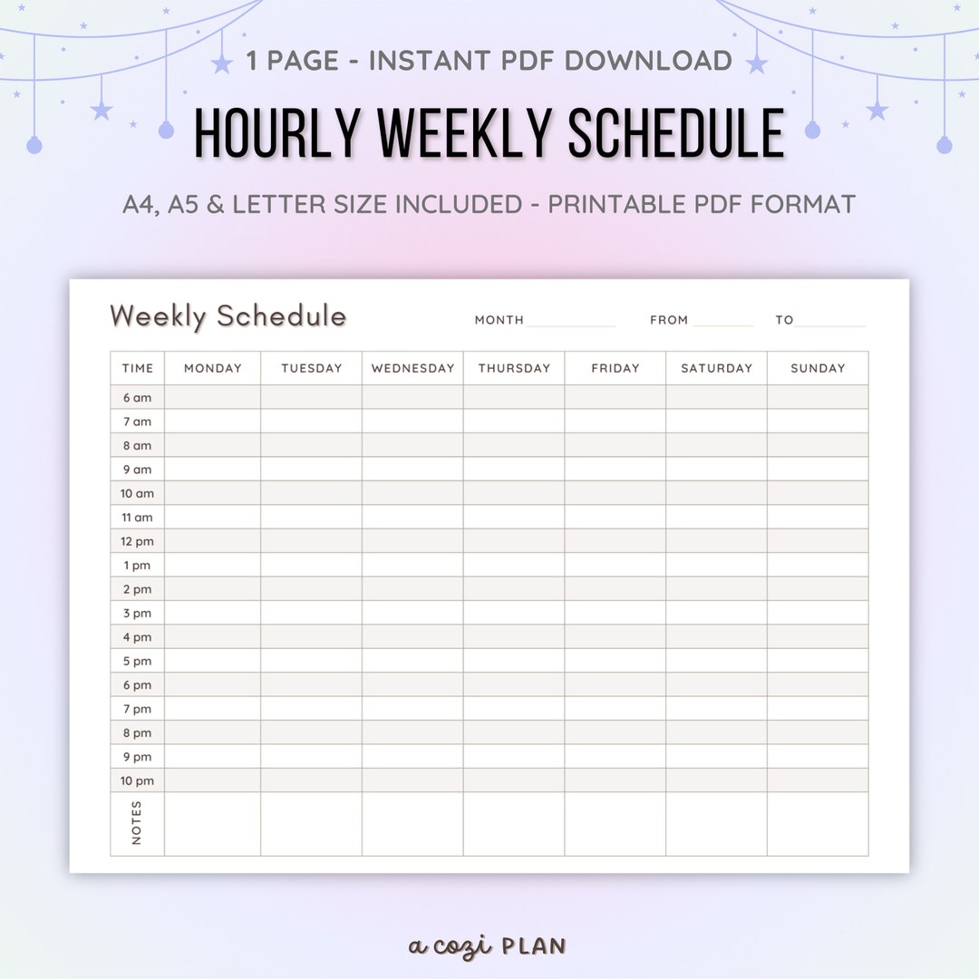 Hourly Weekly Schedule Printable, Digital Planner Template for iPad ...