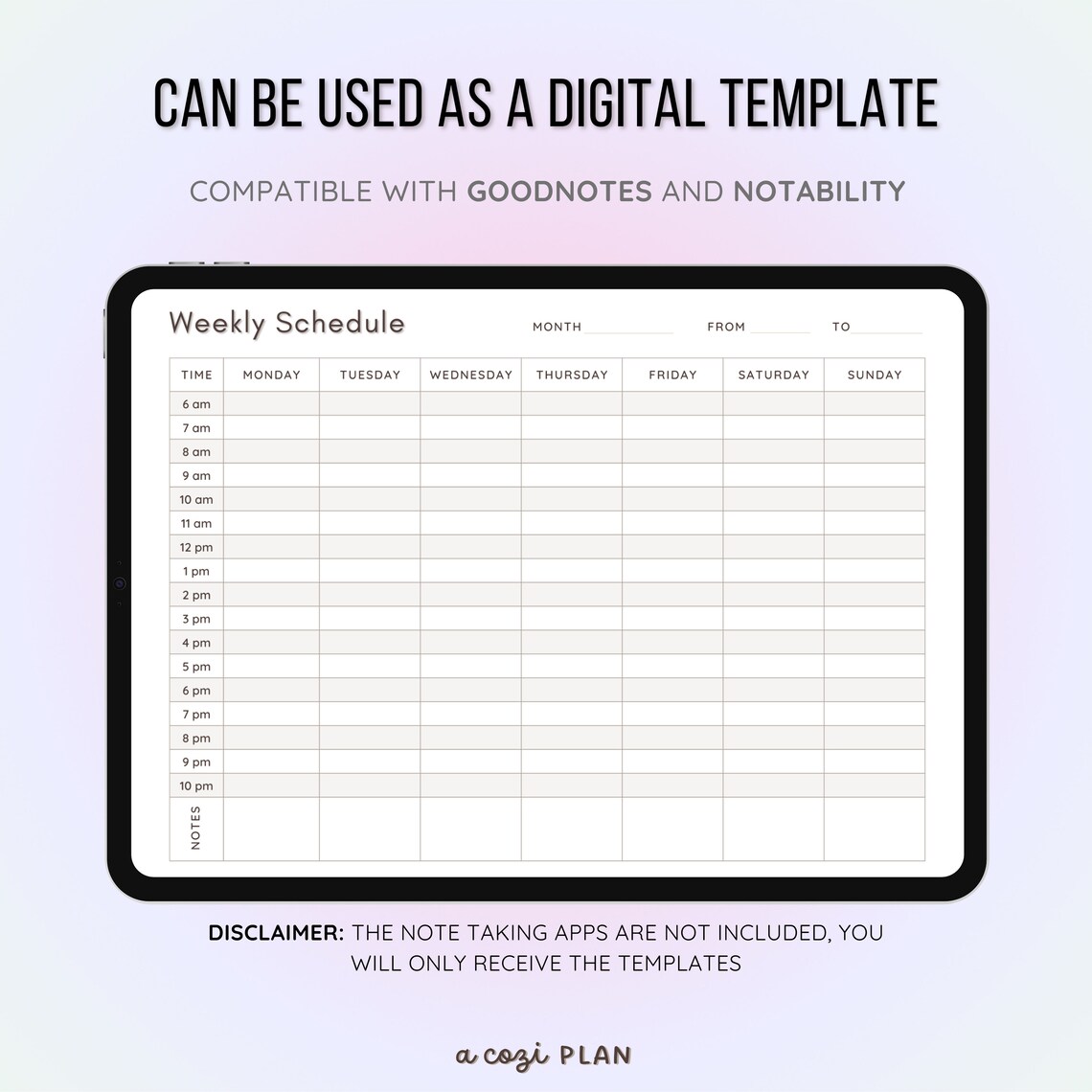 Hourly Weekly Schedule Printable, Digital Planner Template for iPad ...